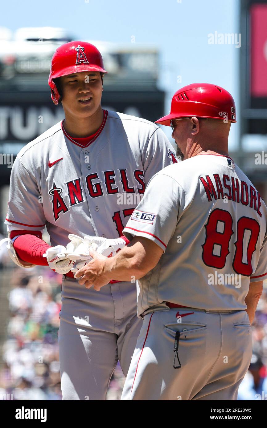 Los Angeles Angels designated hitter Shohei Ohtani (17) chats with ...