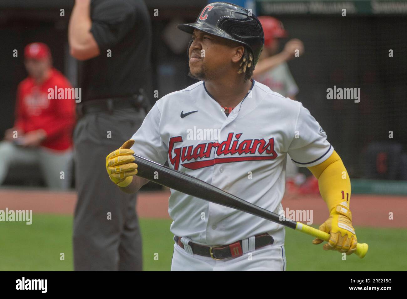 Cleveland Guardians' Jose Ramirez walks back to the dugout after a ...
