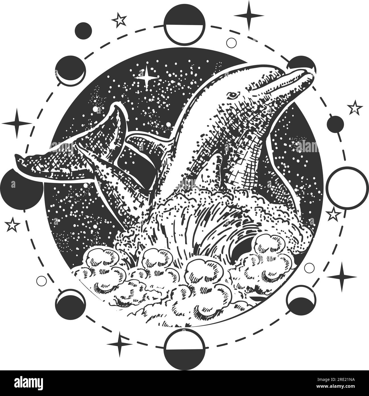 Beautiful engraved dolphin splashing in water logo Stock Vector Image ...