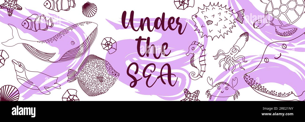 Vector ocean illustration with whale,penguin,fish,squid,seahorse ...