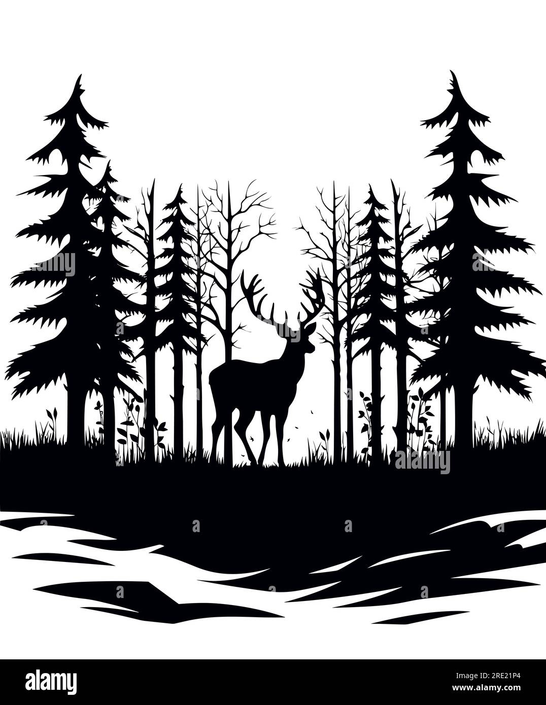 Vector illustration landscape with forest and deer Stock Vector Image ...