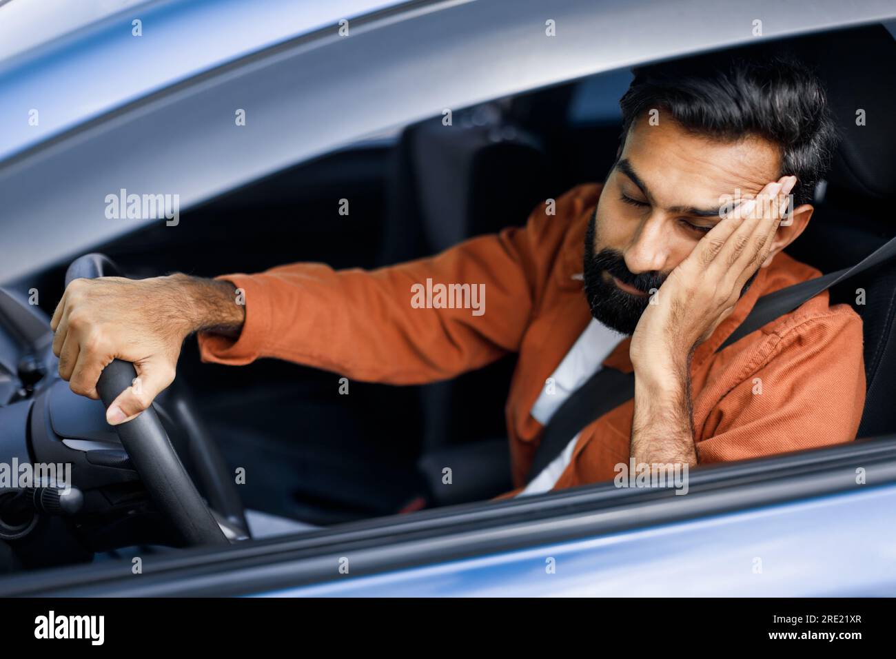 Tired Sleepy Arabic Driver Man Sleeping Sitting Inside Modern ...