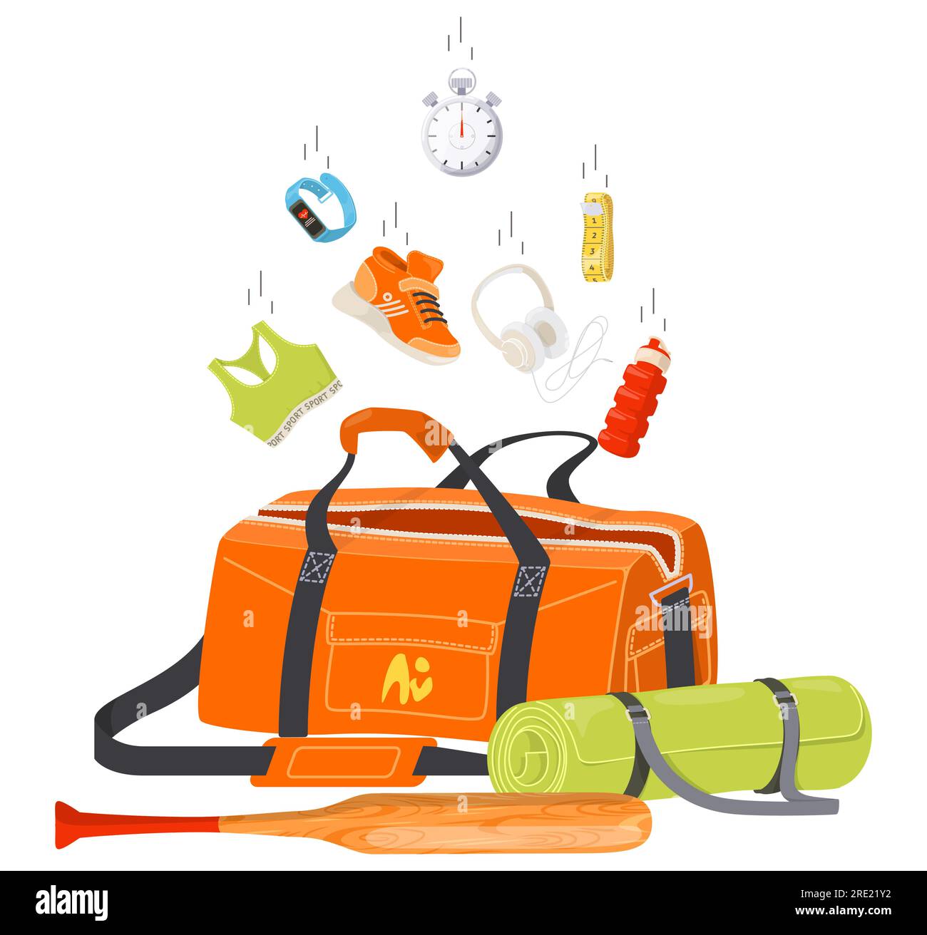 Sport vector poster with training accessories falling into bag Stock ...