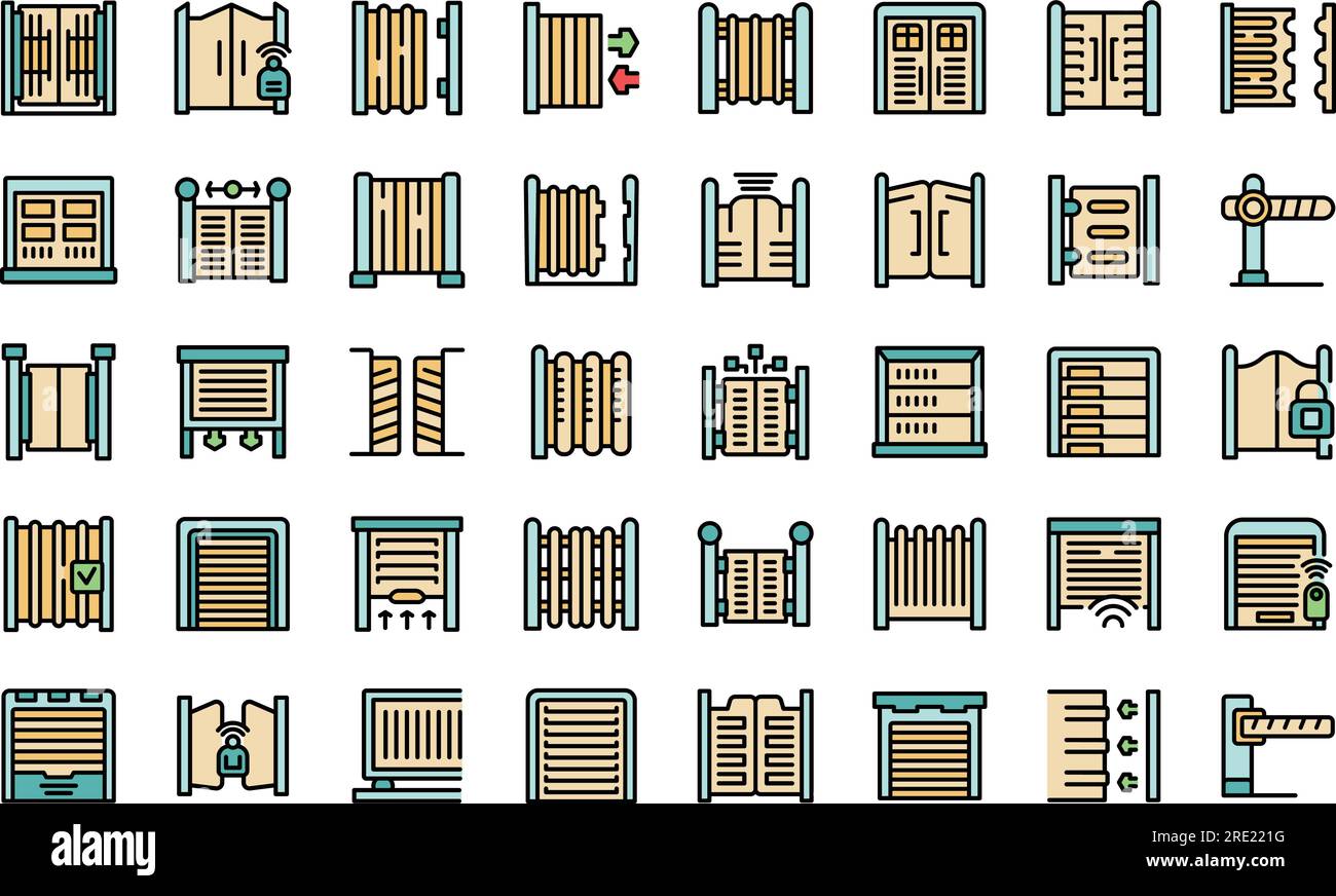 Automatic gates icons set outline vector. Security car. House gate thin ...