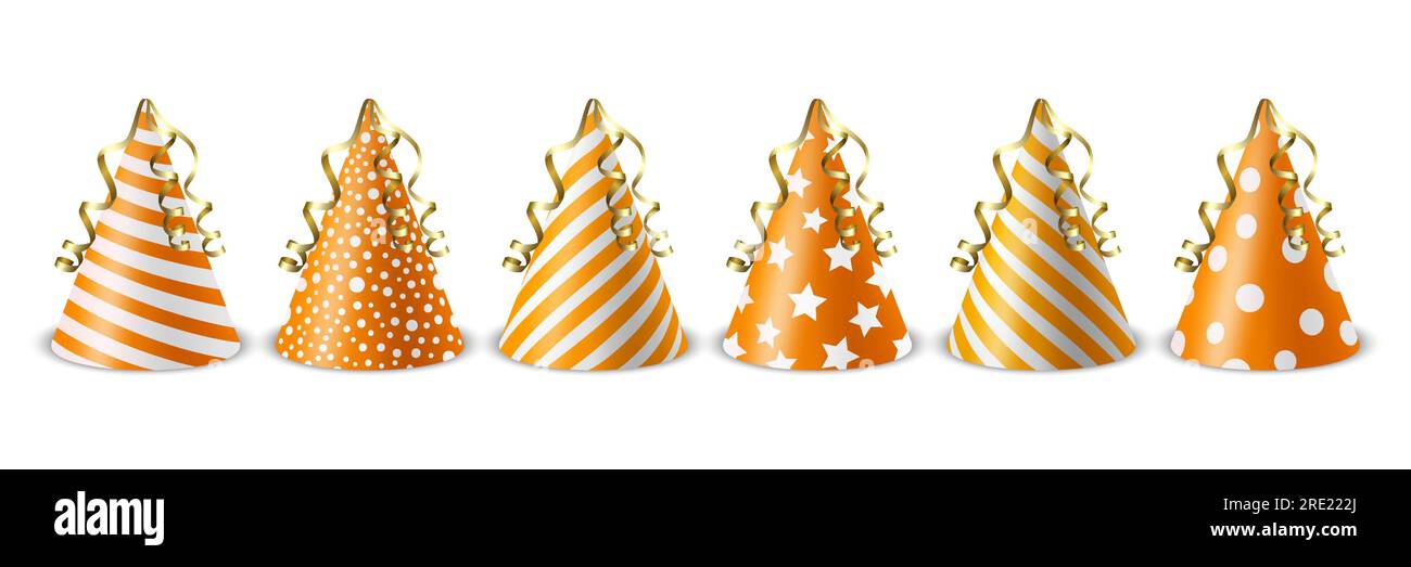 Vector 3d Realistic Orange and White Birthday Party Hat Icon Set ...