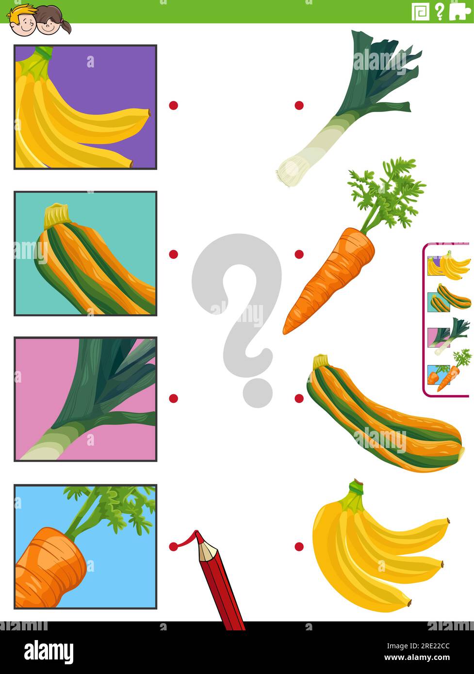 Cartoon illustration of educational matching game with fruit and ...