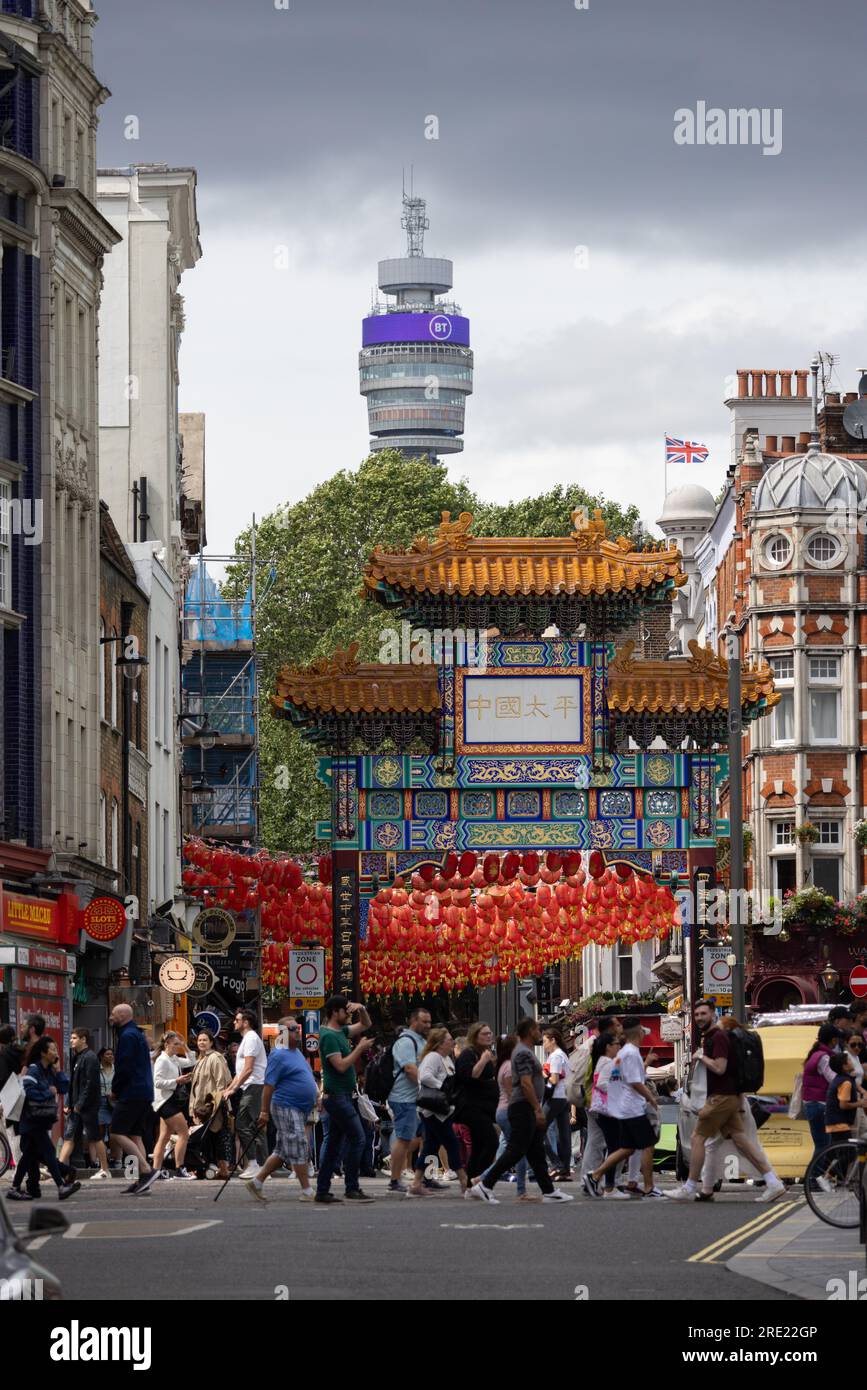 BT Tower seen in the distance behind China Town, central London ...
