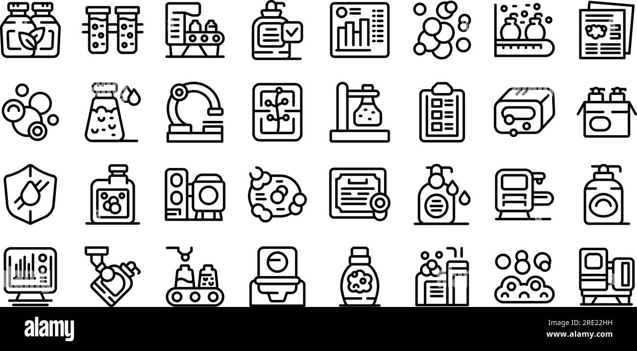 Soap production icons set outline vector. Factory powder. Quality spa ...