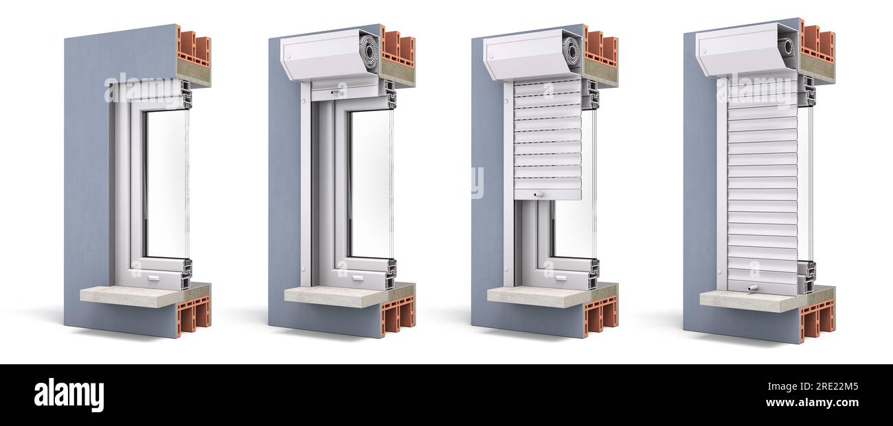 External roller blinds. Cross section of pvc window shutters. 3d ...