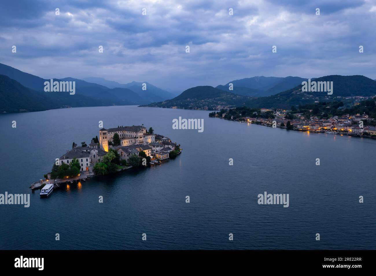 Lake Orta Italy at dawn. Aerial view of a beautiful mountain lake with ...