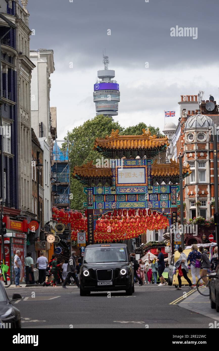 BT Tower seen in the distance behind China Town, central London ...