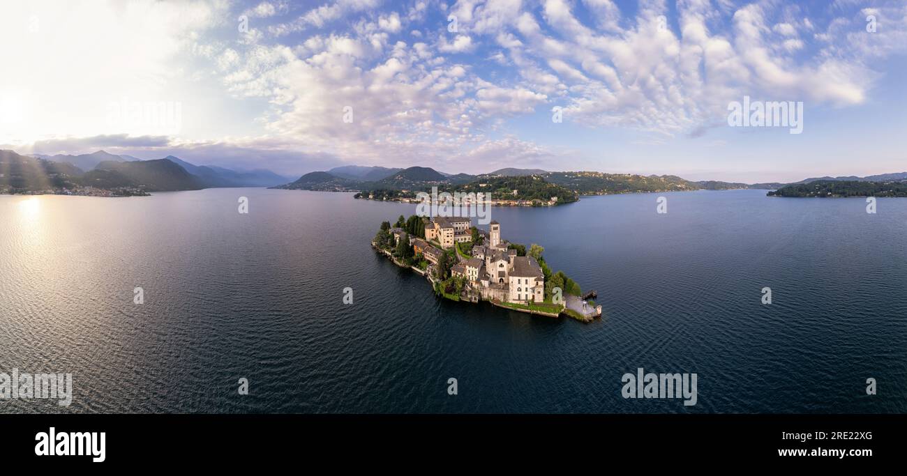 Lake Orta Italy. Aerial view of a beautiful mountain lake with small ...