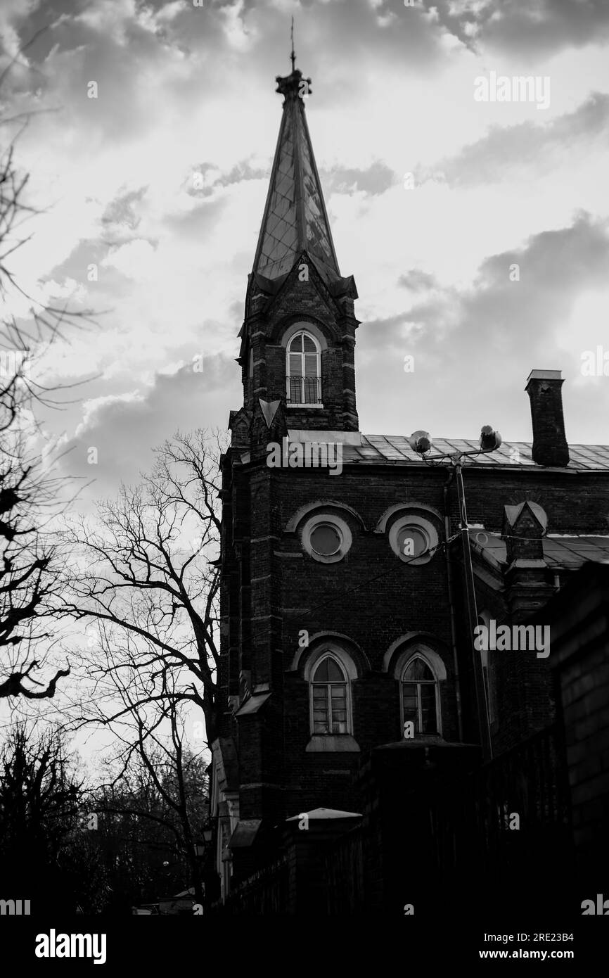 The black-white image captures the image of an old Lutheran city church ...