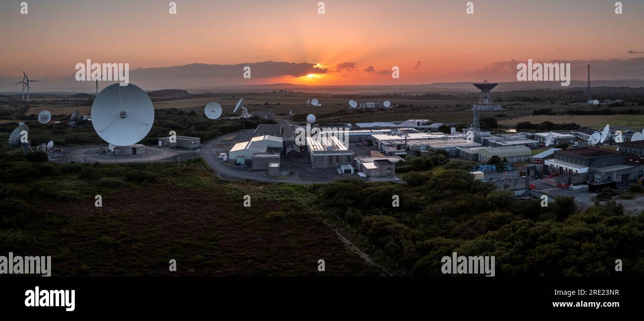GOONHILLY SATELLITE EARTH STATION, CORNWALL, UK - JULY 2, 2023. Aerial ...