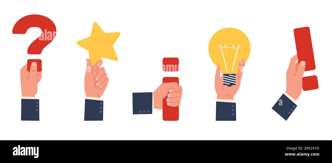Business people hands hold symbols of question, star, bulb, exclamation ...