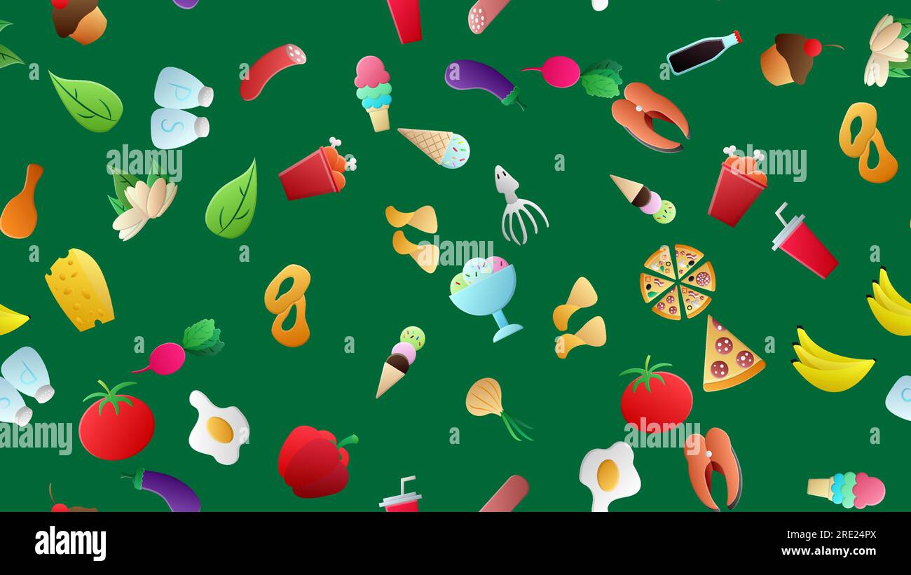 Endless green seamless pattern of delicious food and snack items icons ...