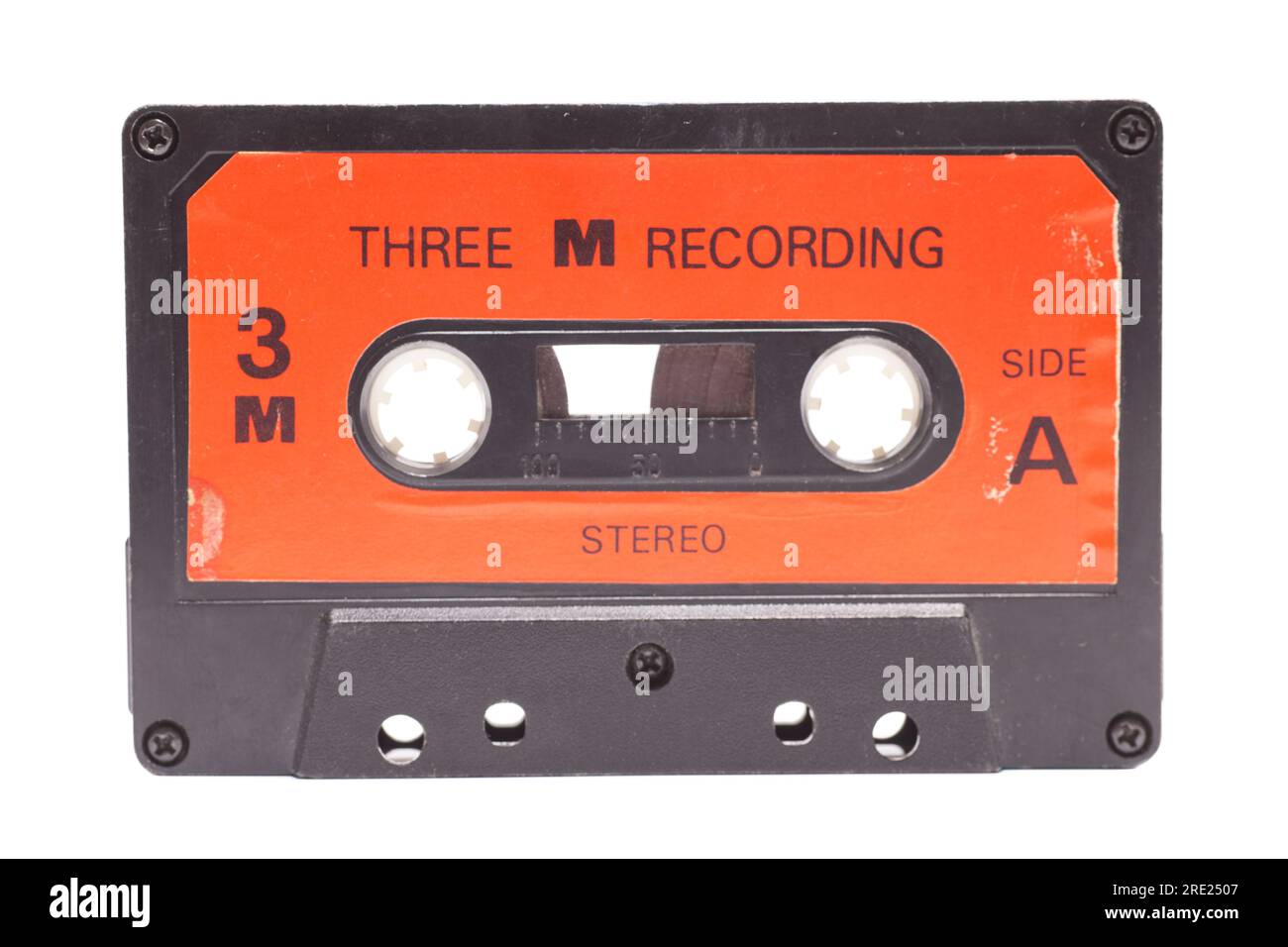 Close up of vintage audio tape cassette THREE M RECORDING 3M,side A ...