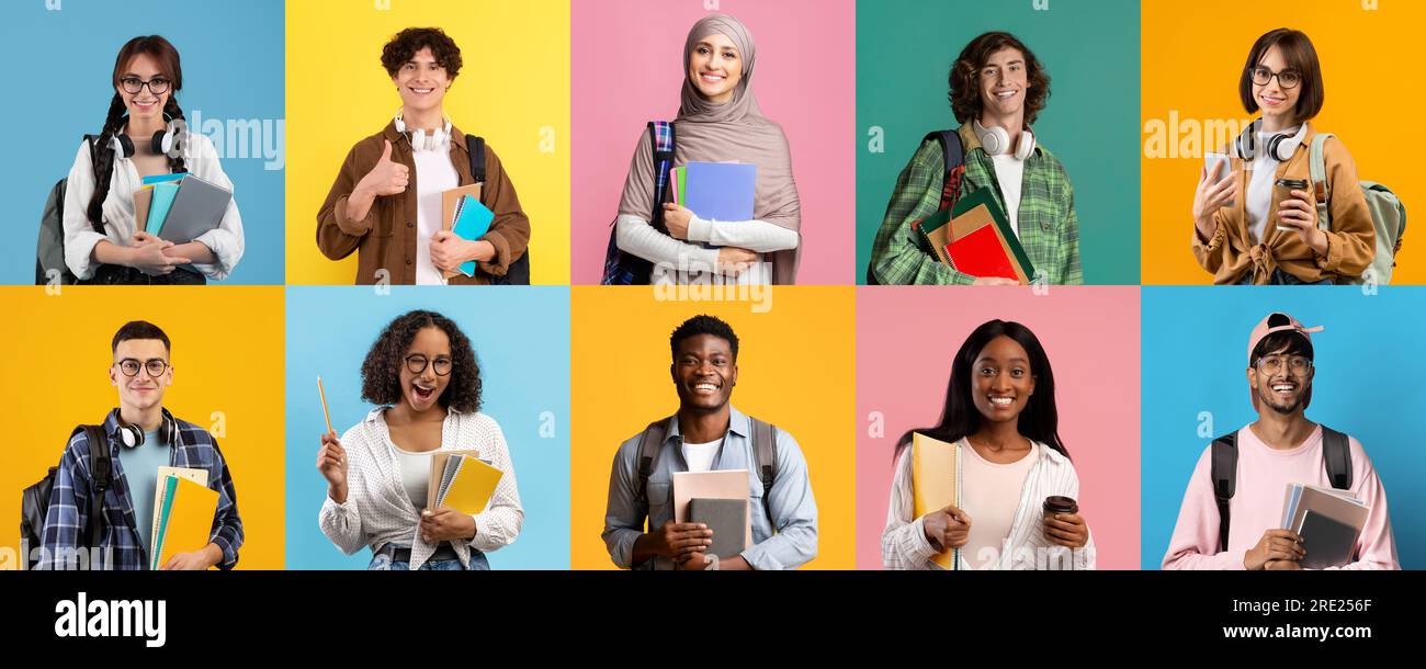 Happy multiethnic students posing over colorful studio backdrops Stock ...