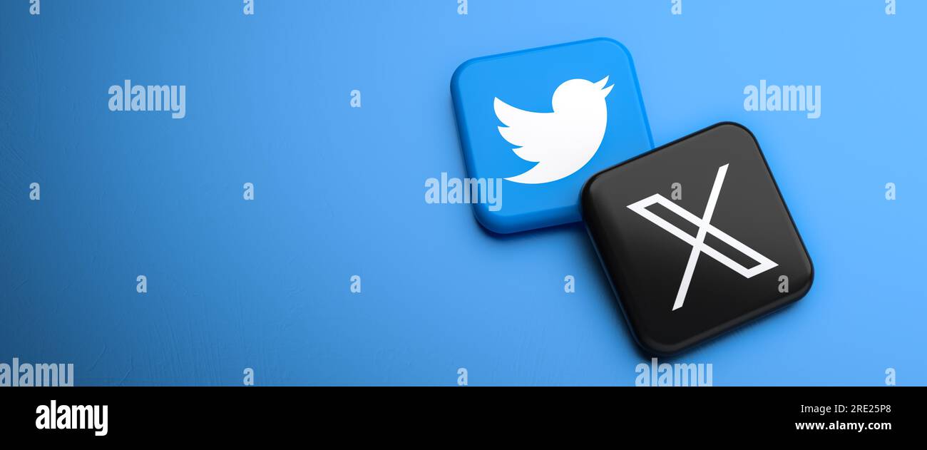 Twitter has been renamed to X by X Corp. Logos of X Corp. on a table ...