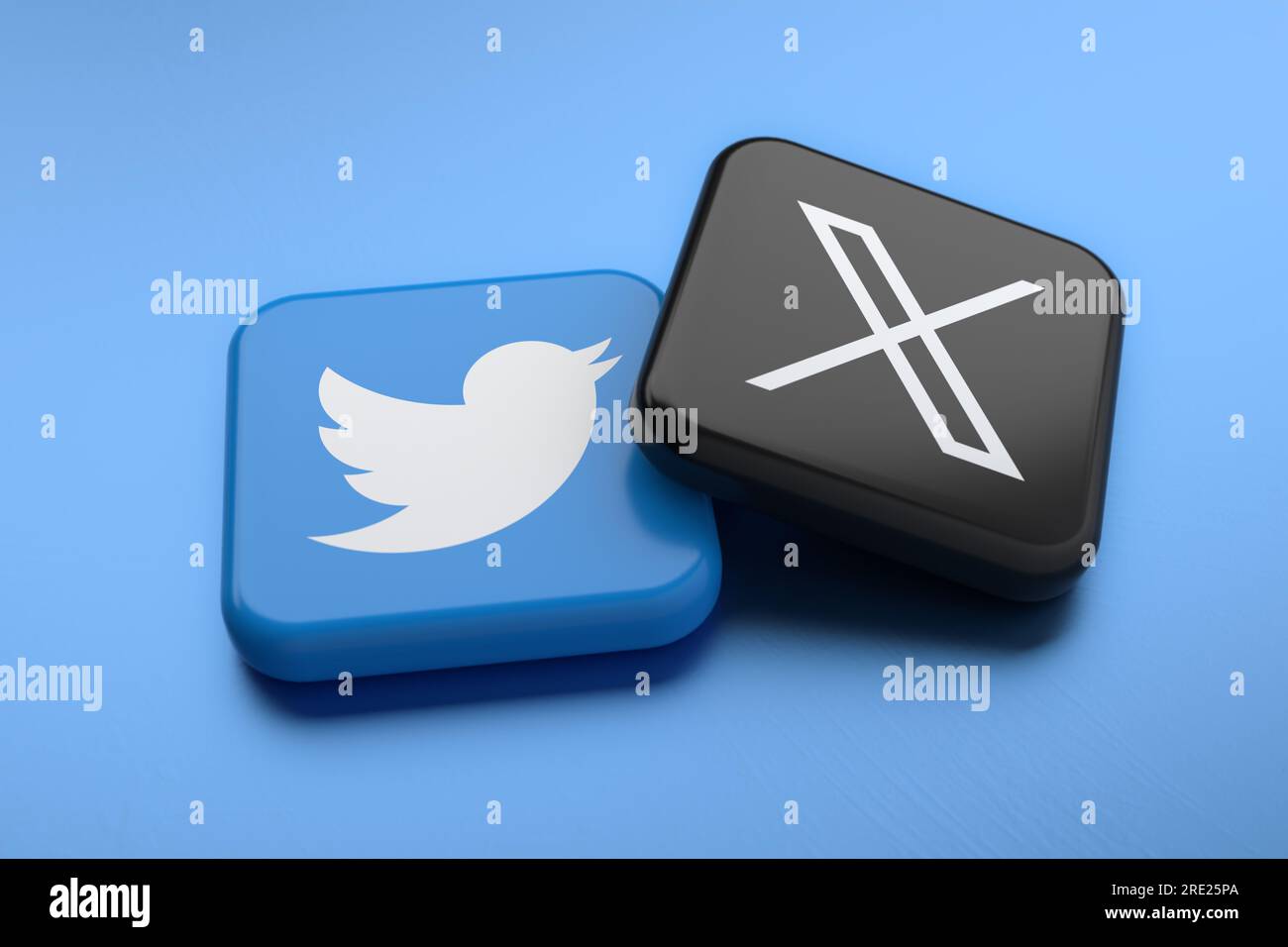 Twitter has been renamed to X by X Corp. Logos of X Corp. on a table ...