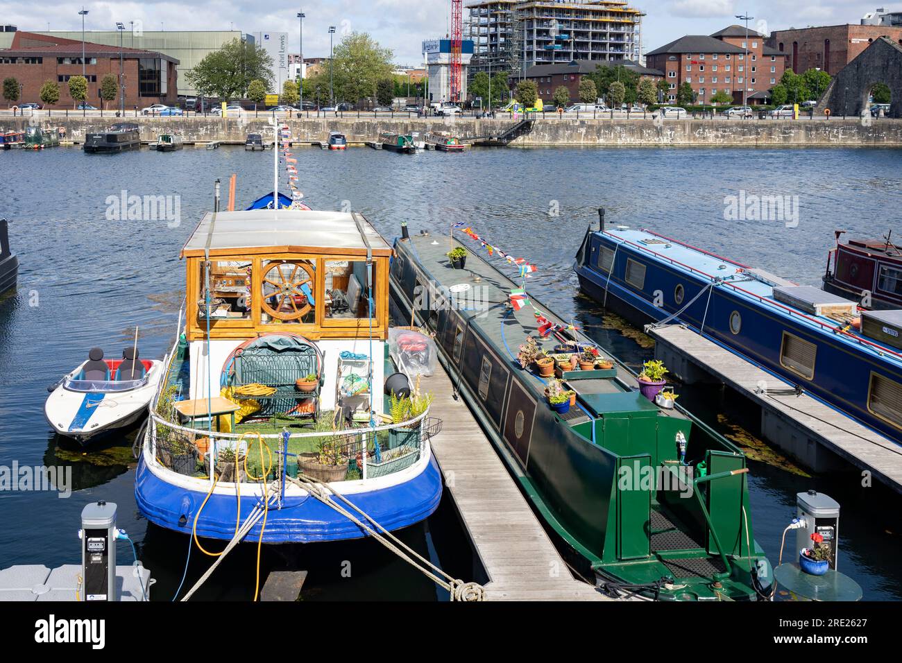 Liverpool, united kingdom May, 16, 2023 Beautiful boat houses anchored ...