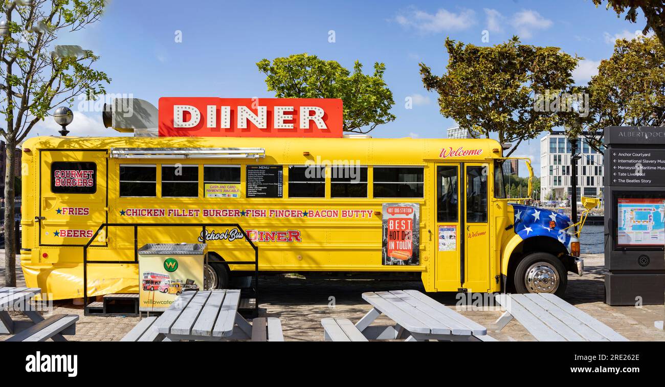 Liverpool, united kingdom May, 16, 2023 An American style yellow school ...
