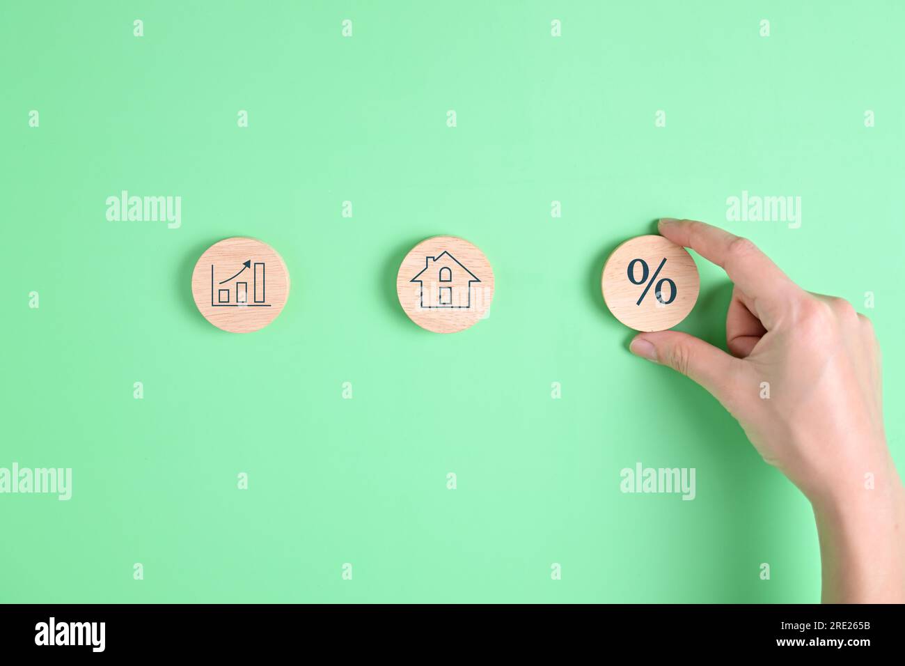 interest percent symbol icons on wooden house cube, home real estate ...
