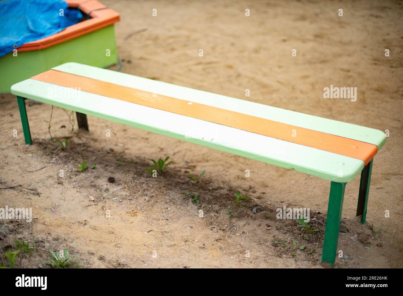 Bench on playground. Place to relax. Children's shop. Play Area Stock ...