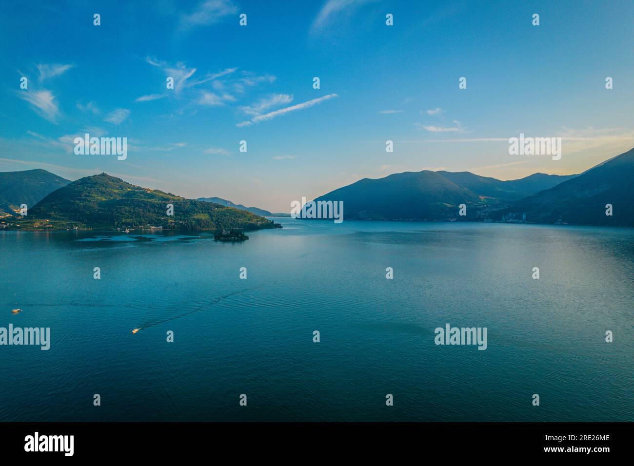Aerial view of Loreto Island with the castle on Lake Iseo in Northern ...
