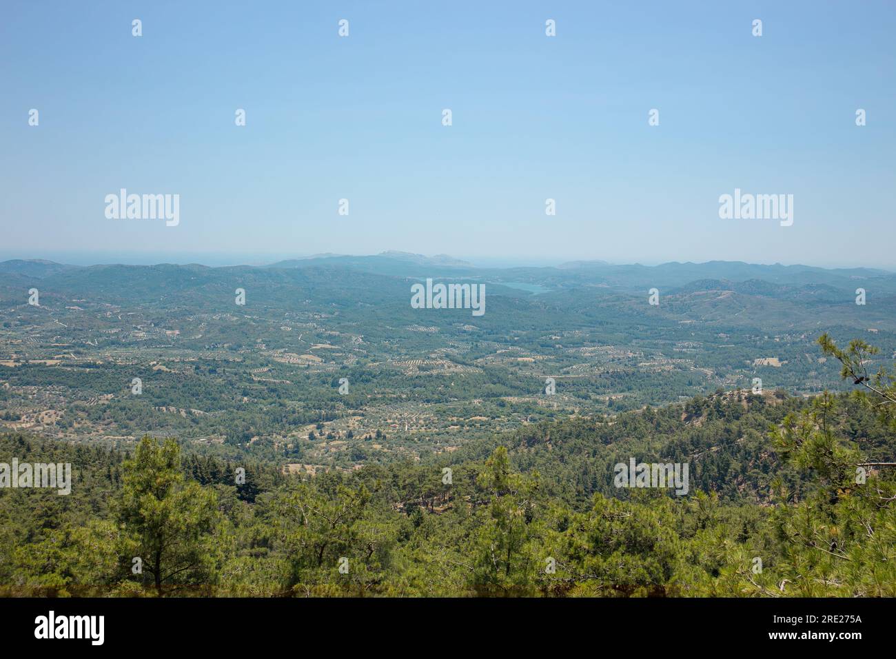 View from mountain Profitis Ilias to down below Gadoura Dam, pine ...