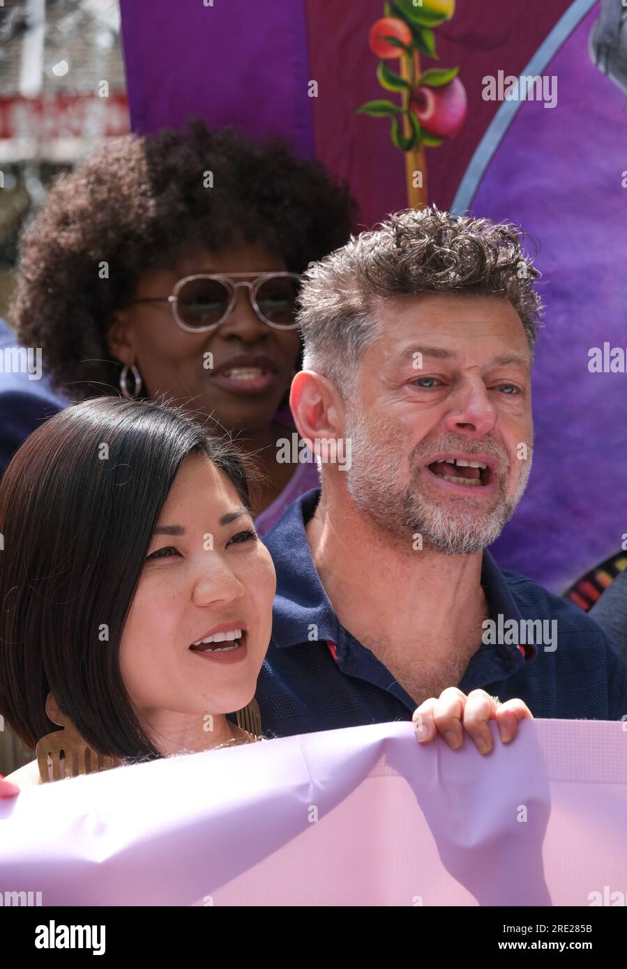 Actors Rebecca Yeo and Andy Serkis at the Equity Union rally, London ...