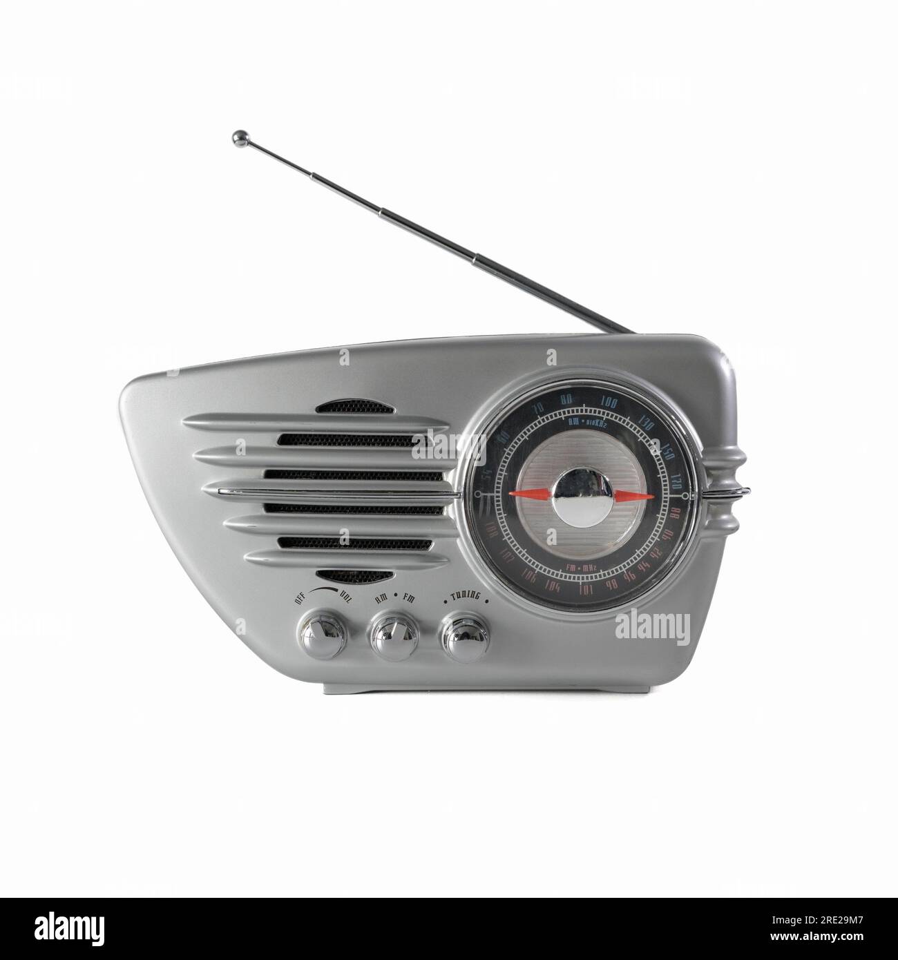 Retro radio silver chrome with antenna on white background. Square ...