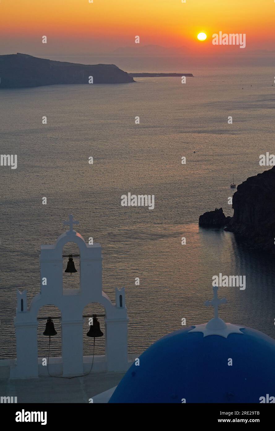 Iconic Three Bells of Fira on the Greek island of Santorini Stock Photo ...
