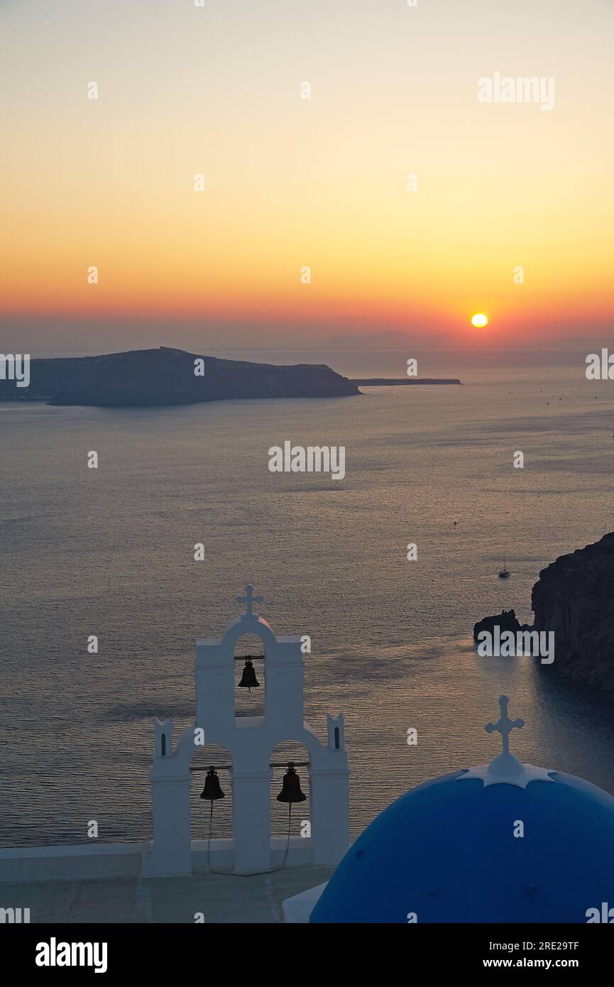 Iconic Three Bells of Fira on the Greek island of Santorini Stock Photo ...