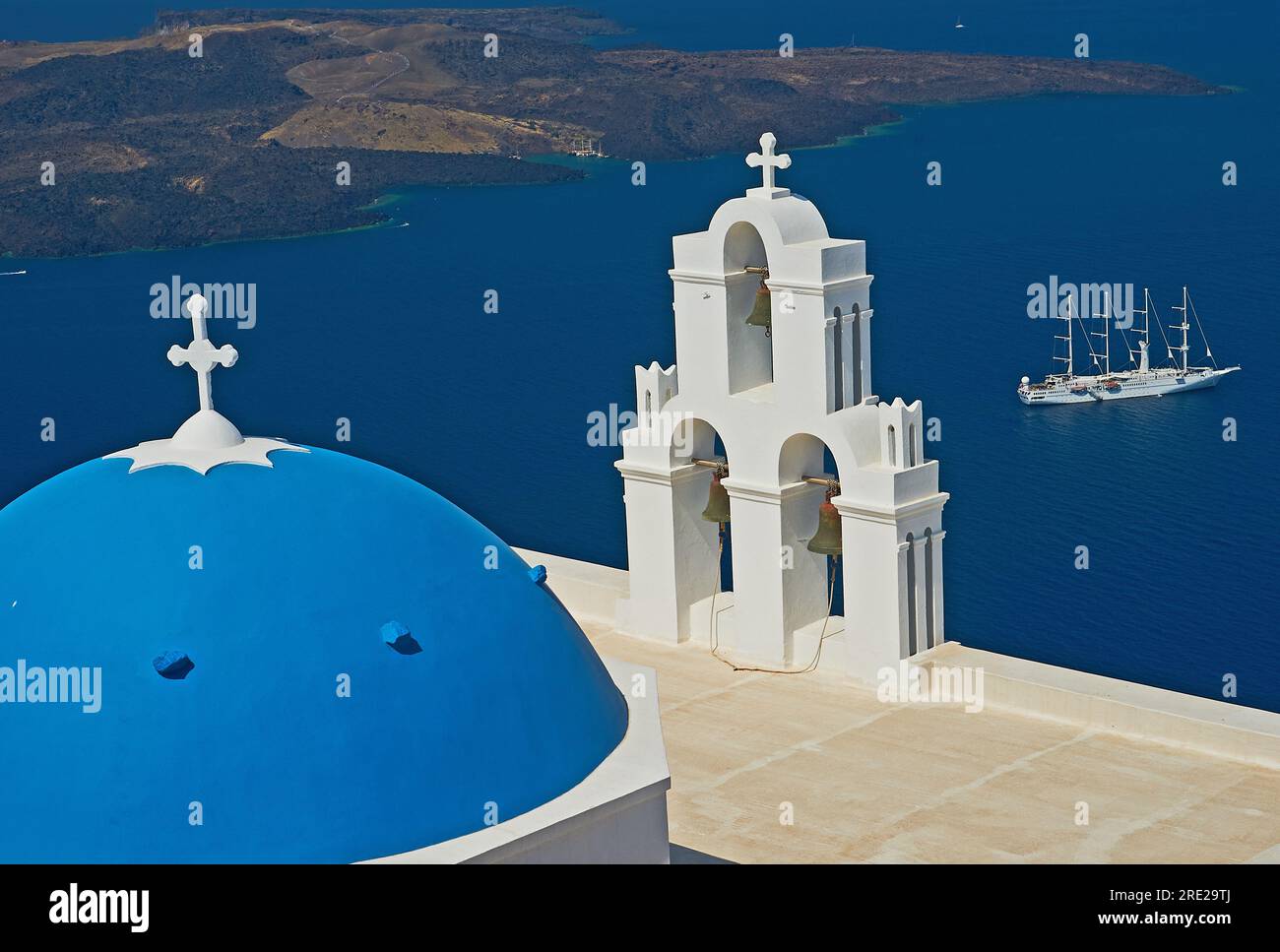 Iconic Three Bells of Fira on the Greek island of Santorini Stock Photo ...