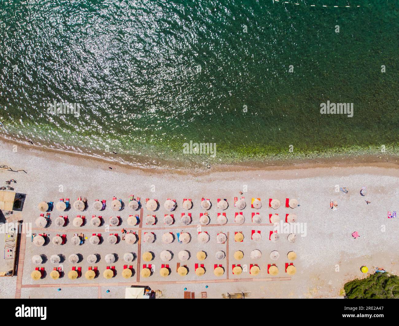 Aerial photographs. View from flying drone. Birds-eye view of beach in Montenegro. Top view ...