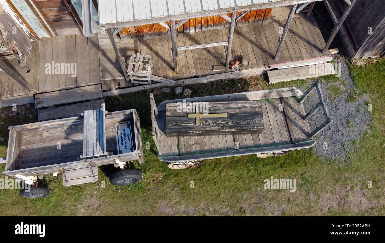 Low aerial view of Shaniko Oregon, which is considered a ghost town ...