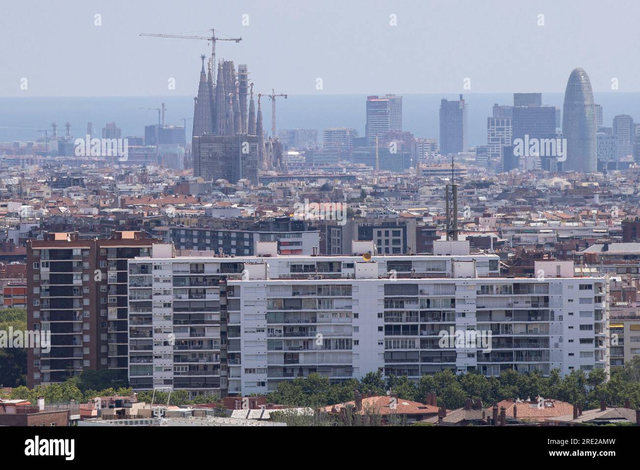 Barcelona, Spain - 22nd July 2023: A general view of the Sagrada Familia Cathedral under ...