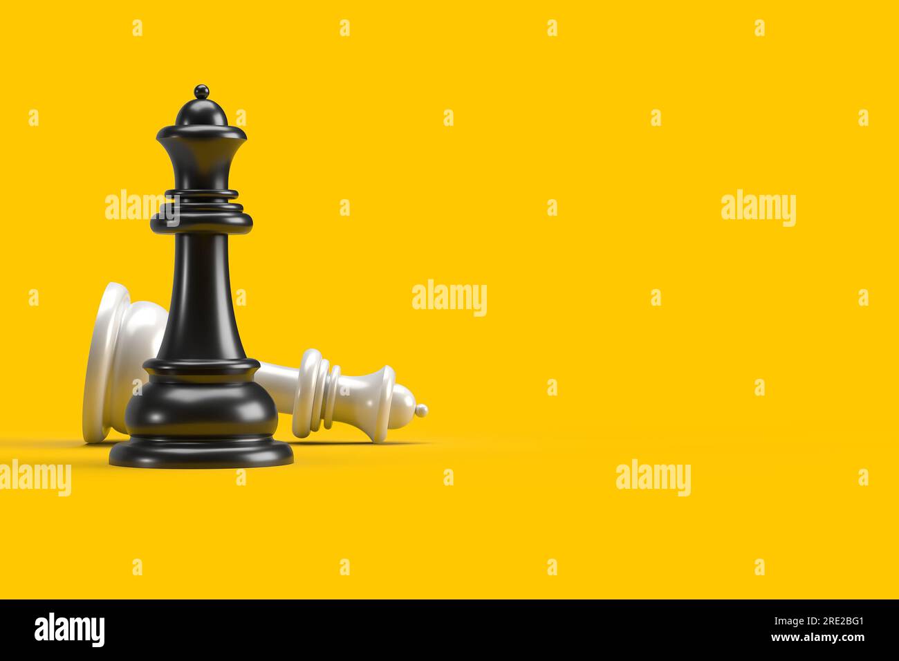 chess queens on bright yellow background with copy space. black and ...