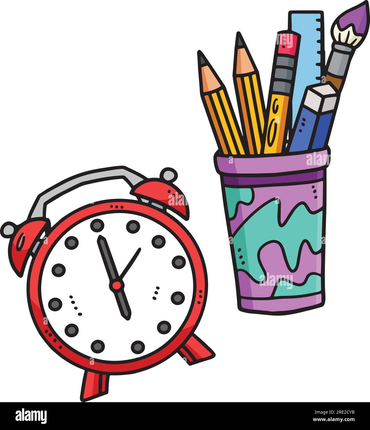 Alarm Clock, Pencil Case Cartoon Colored Clipart Stock Vector Image ...