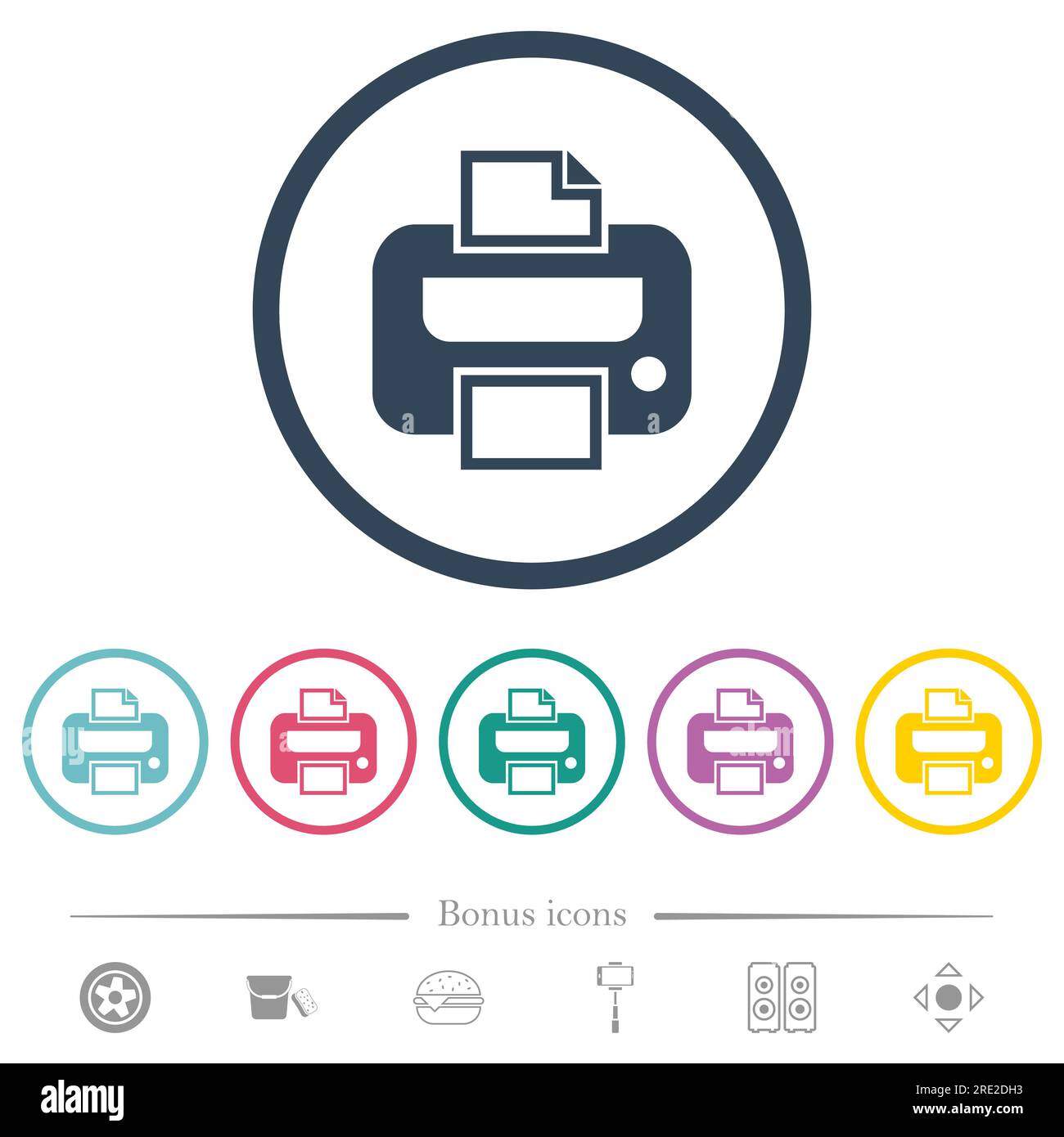 Printer flat color icons in round outlines. 6 bonus icons included ...