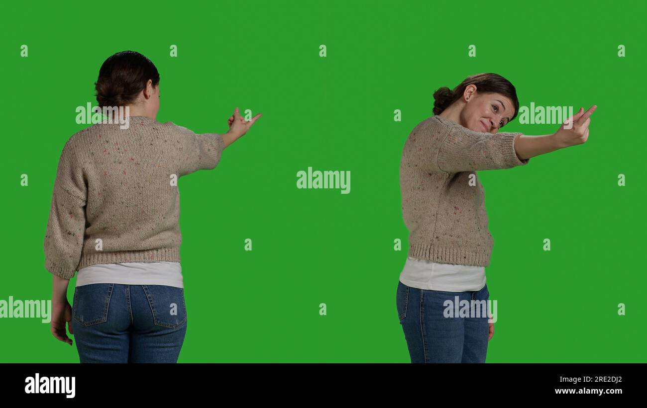 Optimistic adult asking people to come over, being insistent and ...