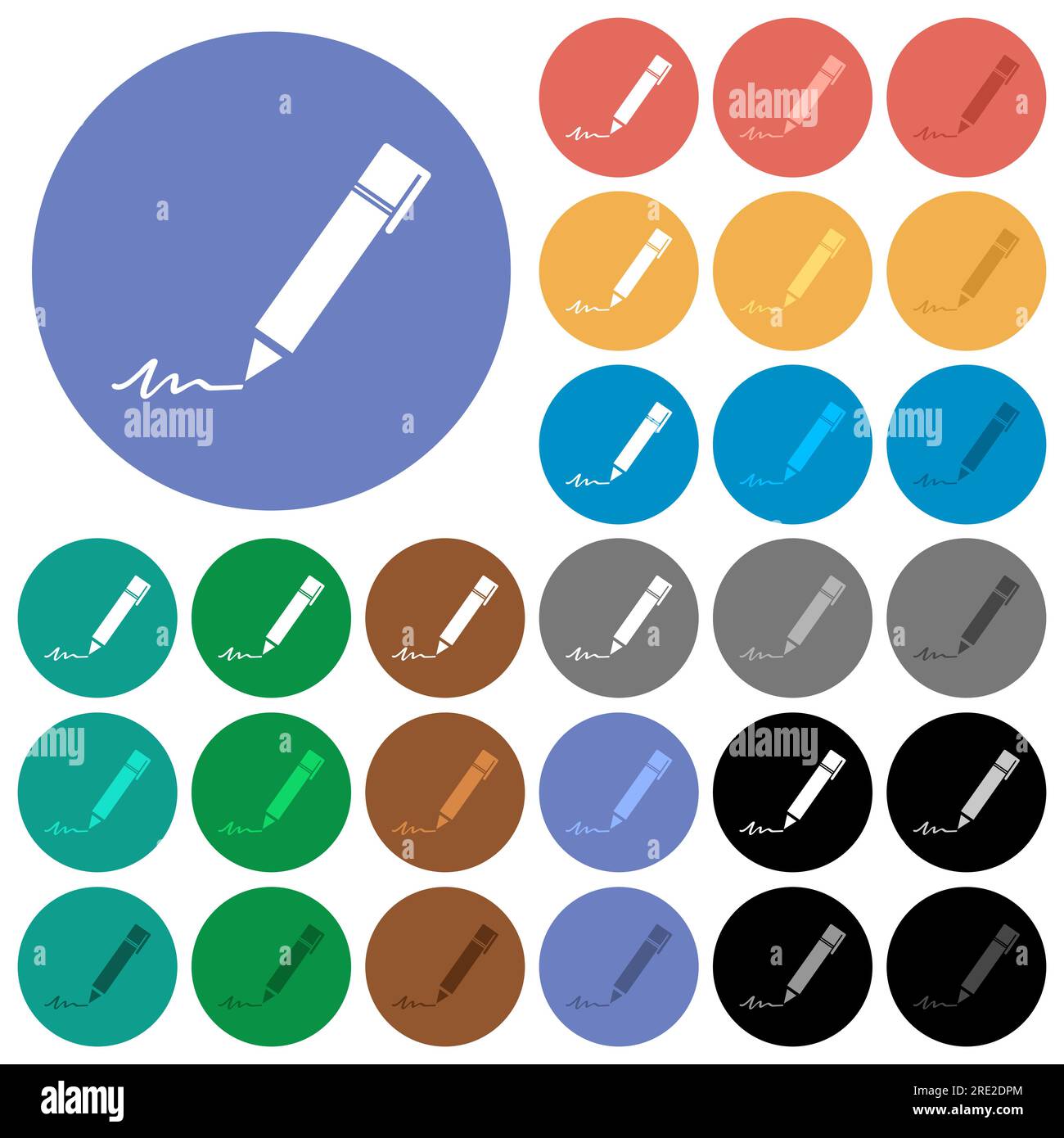 Writing pen multi colored flat icons on round backgrounds. Included ...