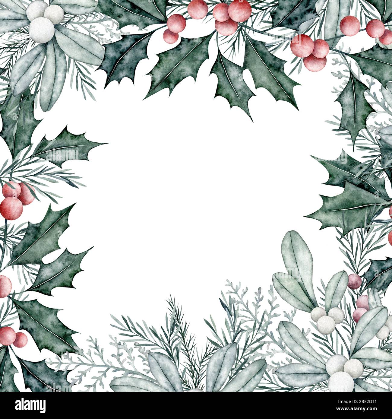 Christmas square frame of ilex branches with red berries, snowberry and ...
