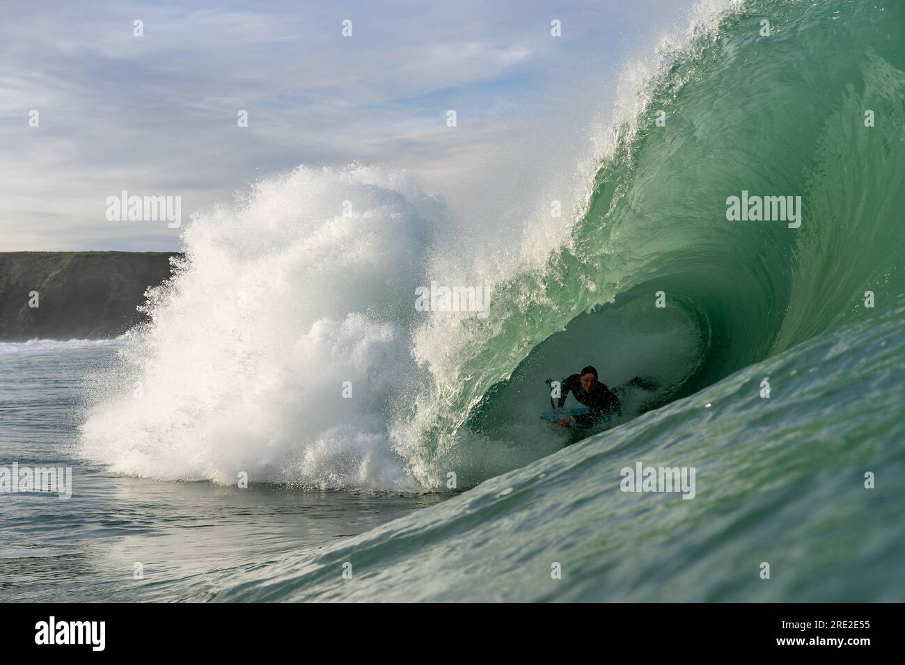 Cornish Bodyboarder in North Coast Barrel Stock Photo - Alamy