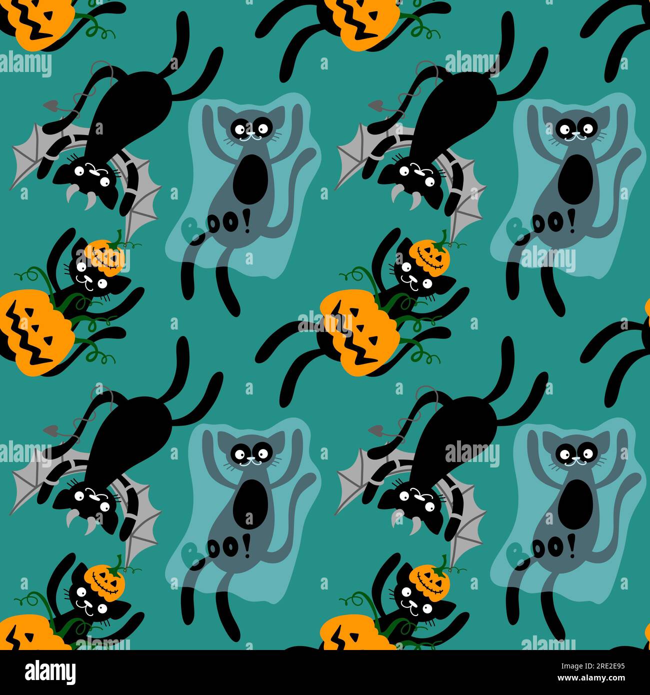 Halloween cartoon cats seamless pumpkins and ghost and monsters vampire ...