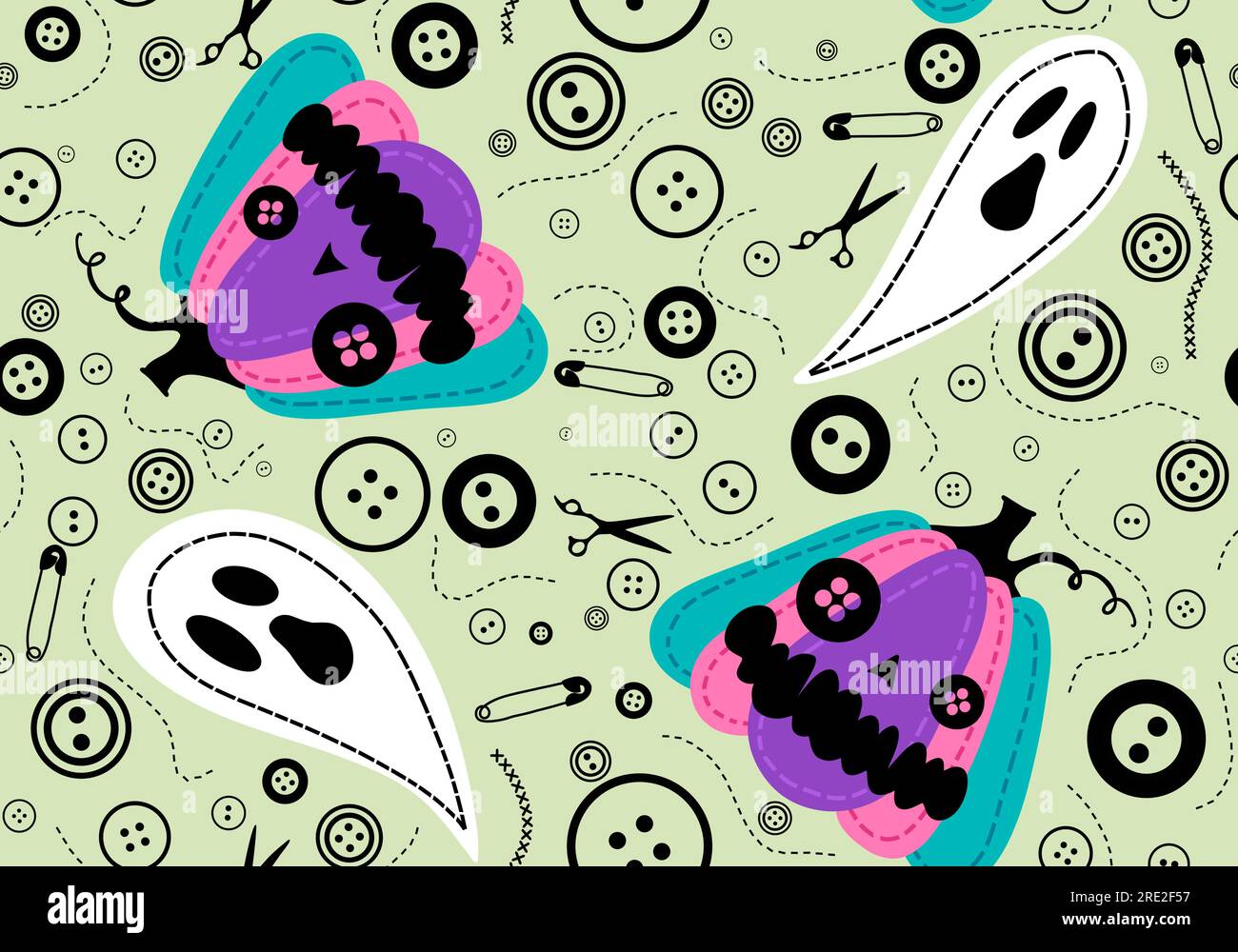 Halloween sewing monsters seamless pumpkins and ghost and buttons and ...