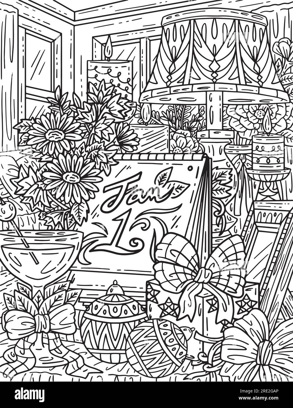 New Year Table Calendar Adults Coloring Page Stock Vector Image & Art ...