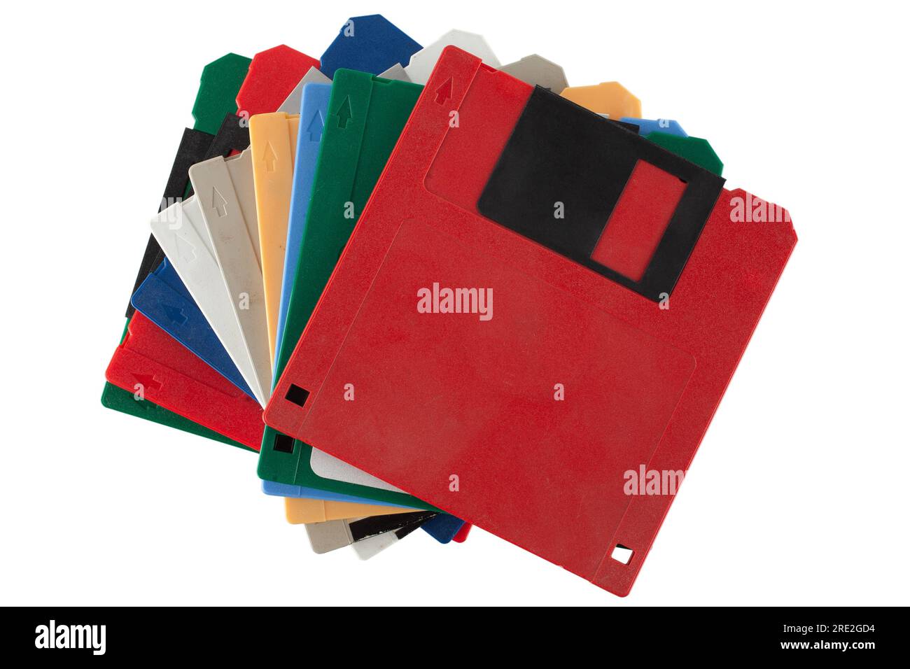 Colored old retro floppy diskettes in stack. Isolated on white ...
