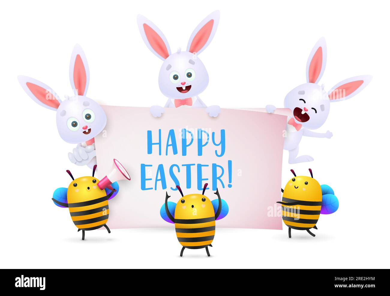 Happy Easter lettering with cute rabbits and bees characters Stock ...